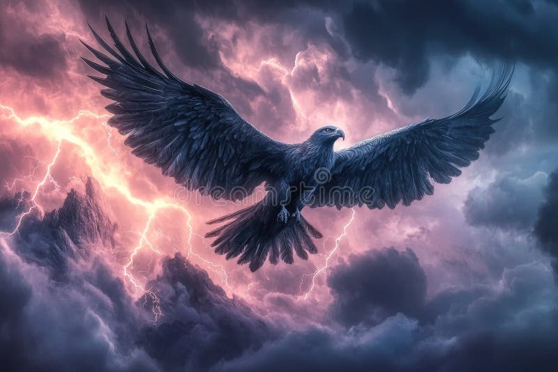 Thunderbird Flying Above Stormy Clouds, Dramatic Sky with Lightning ...