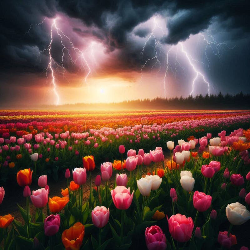 Thunderbolt,lightning Thunderstorm Flash Over Colorful Tulips Fields ...