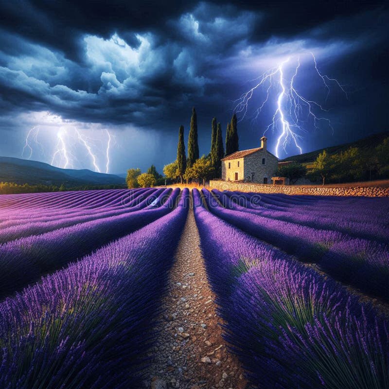 Thunderbolt,lightning Thunderstorm Flash Over Lavender Fields Stock ...