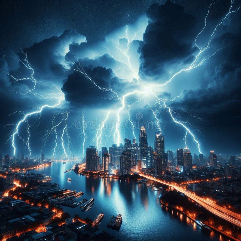 Lightning Bolt Illuminates the Night Sky during a Thunderstorm. Stock ...