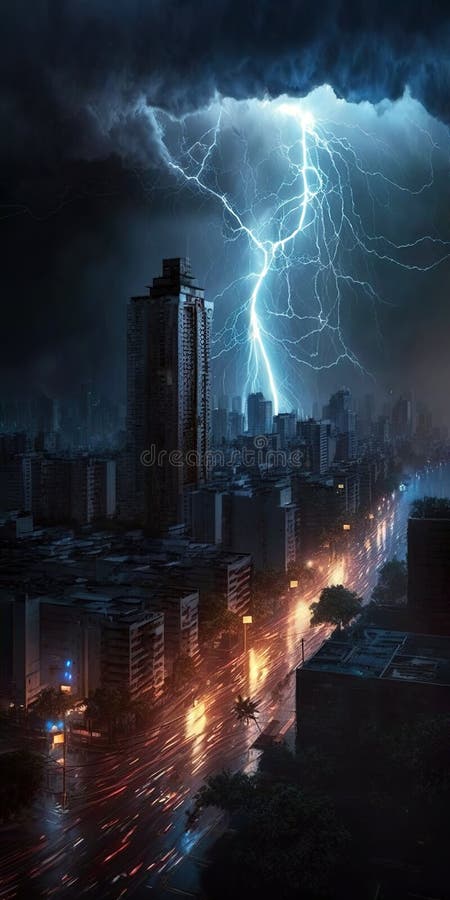 Thunderbolt in the Middle of Big Metropolis. Storm Weather, Catastrophe ...