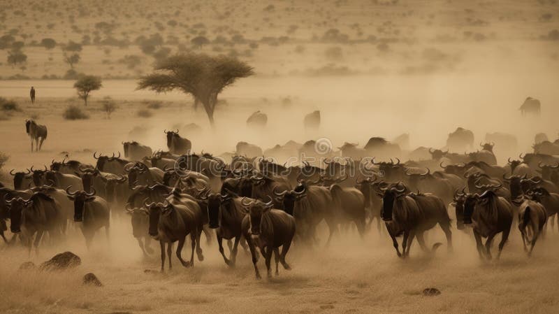 A Thunderous Herd of Stampeding Wildebeest Charging Across an Open ...