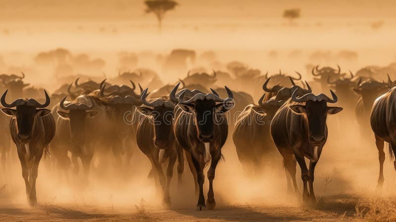 A Thunderous Herd of Stampeding Wildebeest Charging Across an Open ...