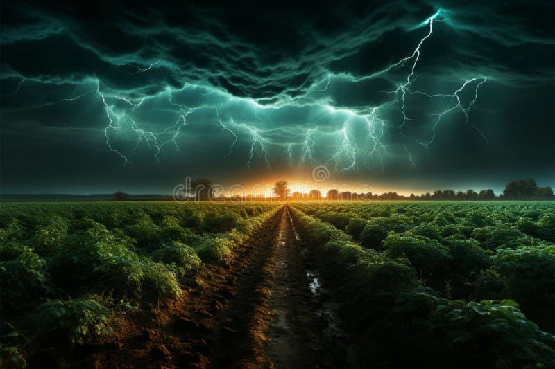 Thunderous Lightning in Lush Meadow Stock Illustration - Illustration ...