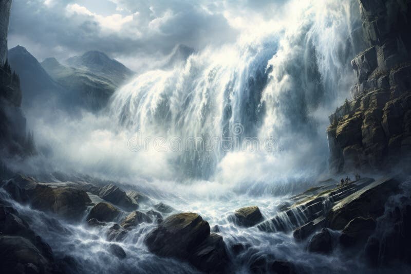 Thunderous Roaring Waterfall Cascading Down a Rocky Cliff Stock Image ...