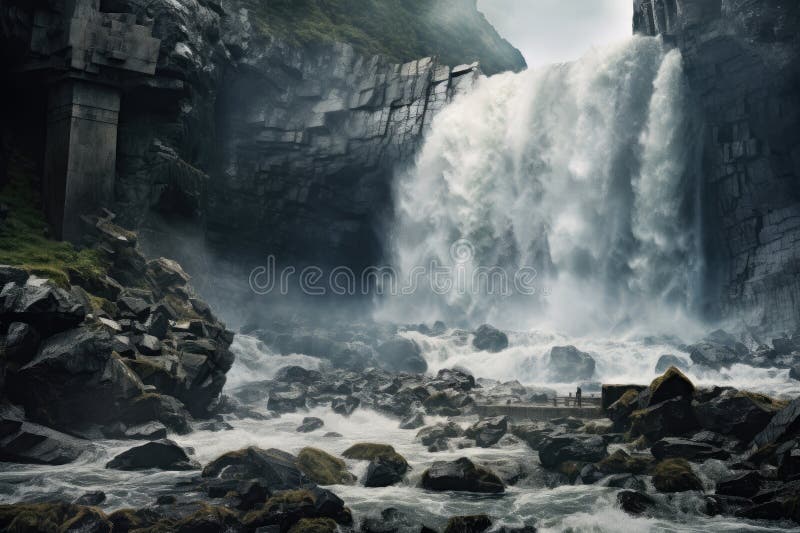 Thunderous Roaring Waterfall Cascading Down a Rocky Cliff Stock Photo ...