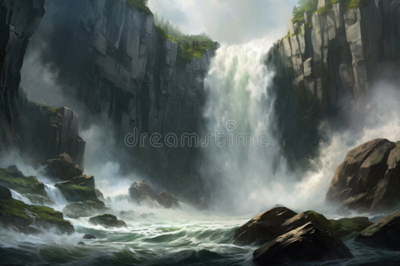 Thunderous Roaring Waterfall Cascading Down a Rocky Cliff Stock Photo ...