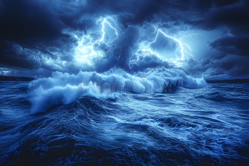 Dramatic Ocean Storm with Lightning and Powerful Waves for Atmospheric ...
