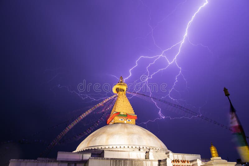 A Thunderstorm Above Bouddnath Stupa. Lightning Discharge Strike are ...