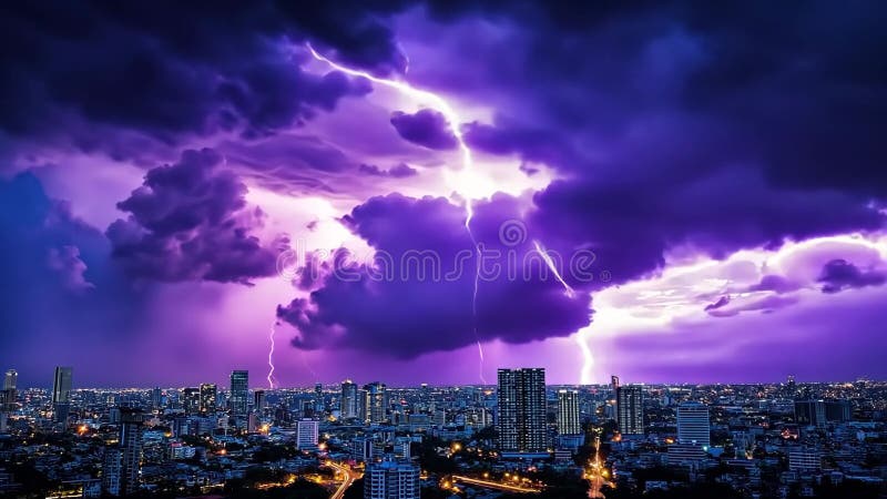 Thunderstorm Activity Illuminated by Lightning Over a Vibrant Cityscape ...