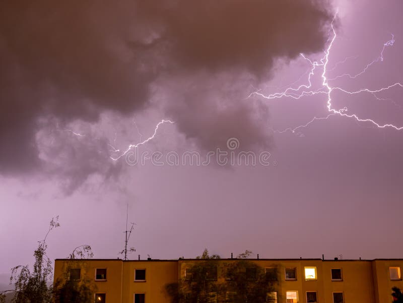 Thunderstorm with Branching Lightning Over a Residential House - Long ...