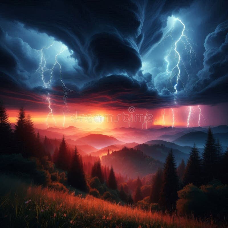 Thunderstorm Brewing after Sunset, Lightning Strikes before Rain in ...