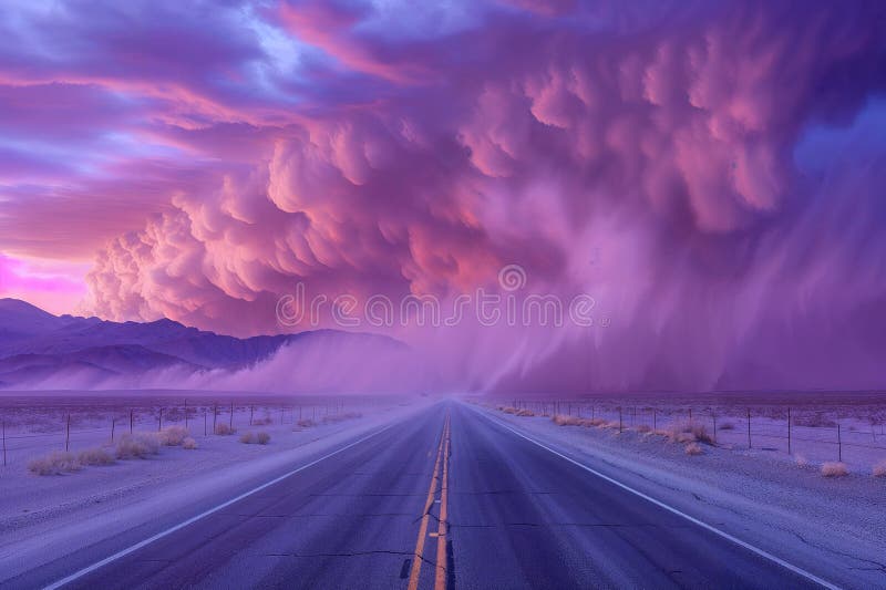 Thunderstorm and Dust Storm Over Desert Highway at Dusk Stock Photo ...