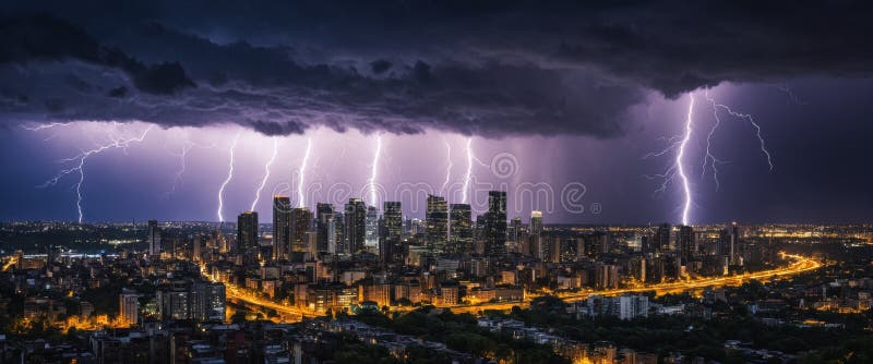 Thunderstorm Illuminates City Skyline with Dramatic Lightning Strikes ...