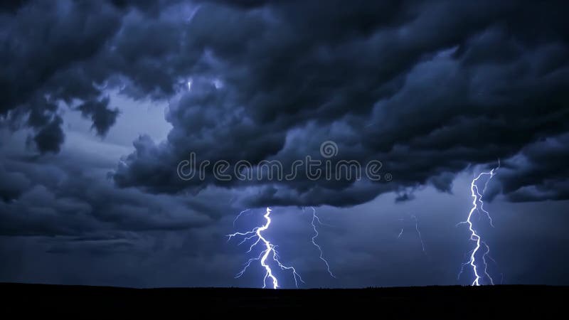 Thunderstorm with Intense Lightning Strikes in Dark Cloudy Night Sky ...