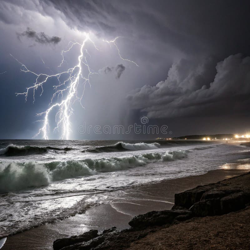 Thunderstorm and Lightning on the Beach at Night Stock Illustration ...