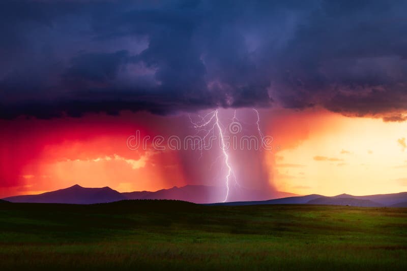 Thunderstorm Lightning Bolt at Sunset Stock Photo - Image of power ...