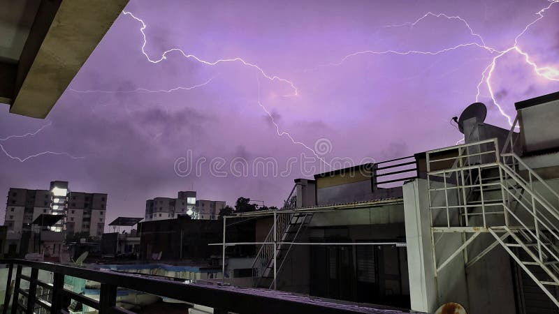 Thunderstorm Lightning, Buildings and Dish Antenna Stock Photo - Image ...