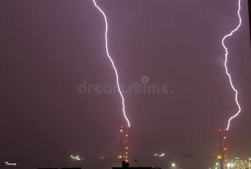 Thunderstorm and Lightning Falling on a Bridge Stock Image - Image of ...