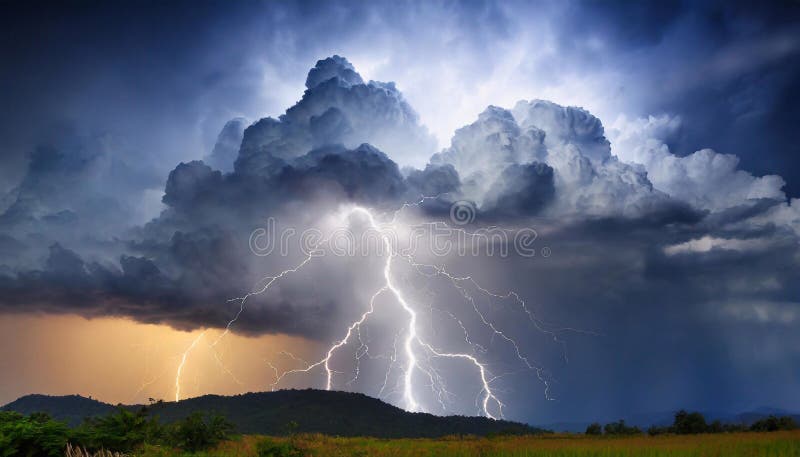 Thunderstorm with Lightning in a Field Over a Hill. Stock Image - Image ...