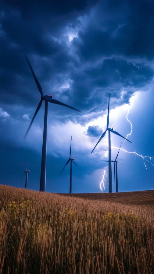 Thunderstorm and Lightning Over a Wind Farm Landscape Stock Photo ...