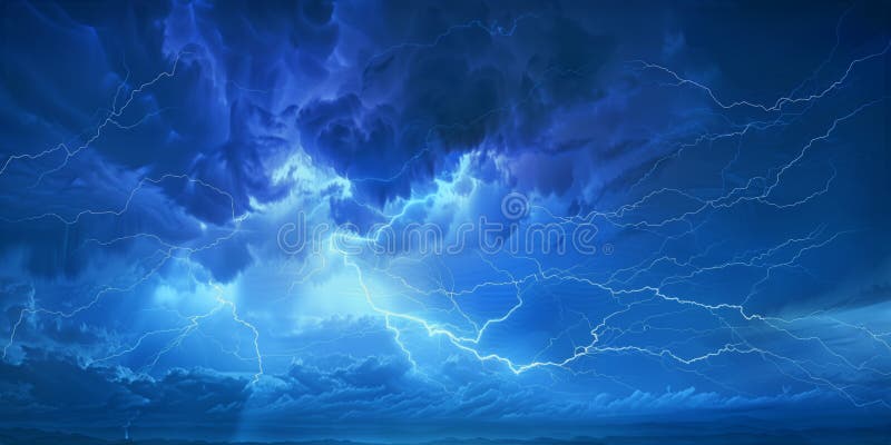 Thunderstorm with Lightning Strikes Over Dark Blue Clouds Stock Image ...