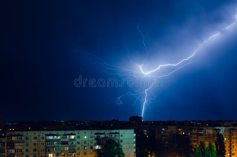 Thunderstorm with Lightning and Thunder Over the Night City Stock Image ...
