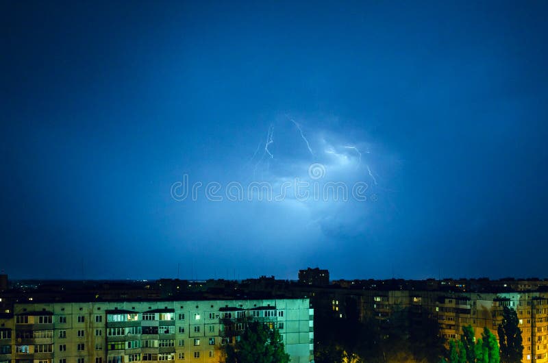 Thunderstorm with Lightning and Thunder Over the Night City Stock Photo ...