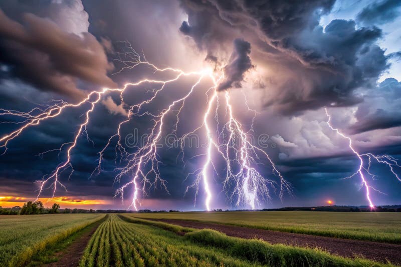 Thunderstorm with Lightnings Over the Fields, Long Exposure Image Stock ...