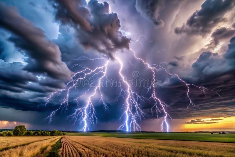 Thunderstorm with Lightnings Over the Fields, Long Exposure Image Stock ...