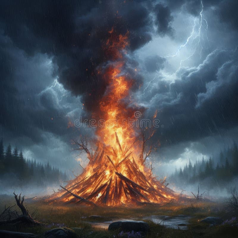 Blazing Fire Under Thunderous Sky Stock Illustration - Illustration of ...