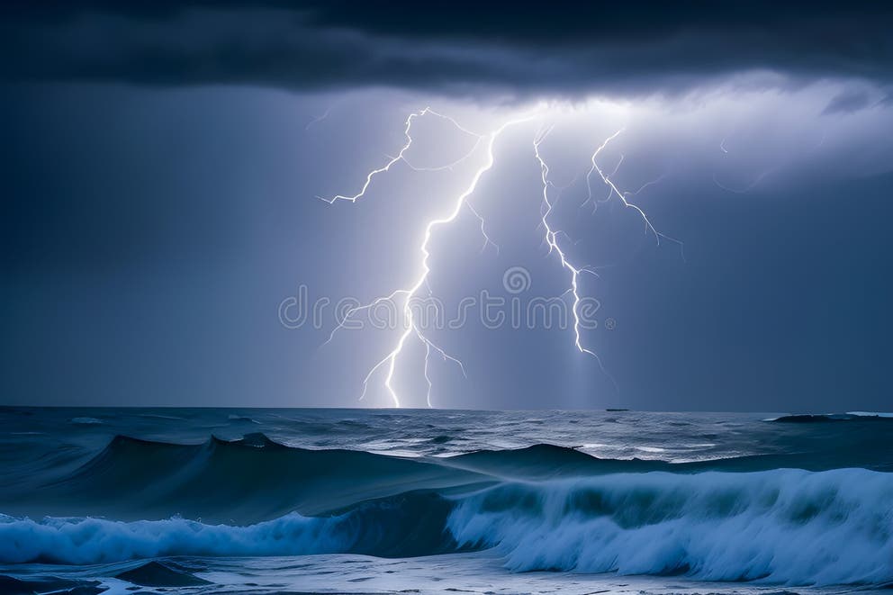 Thunderstorm in the ocean stock illustration. Illustration of stormy ...