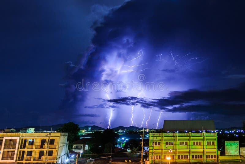 Thunderstorm over city. stock image. Image of buildings - 74631889