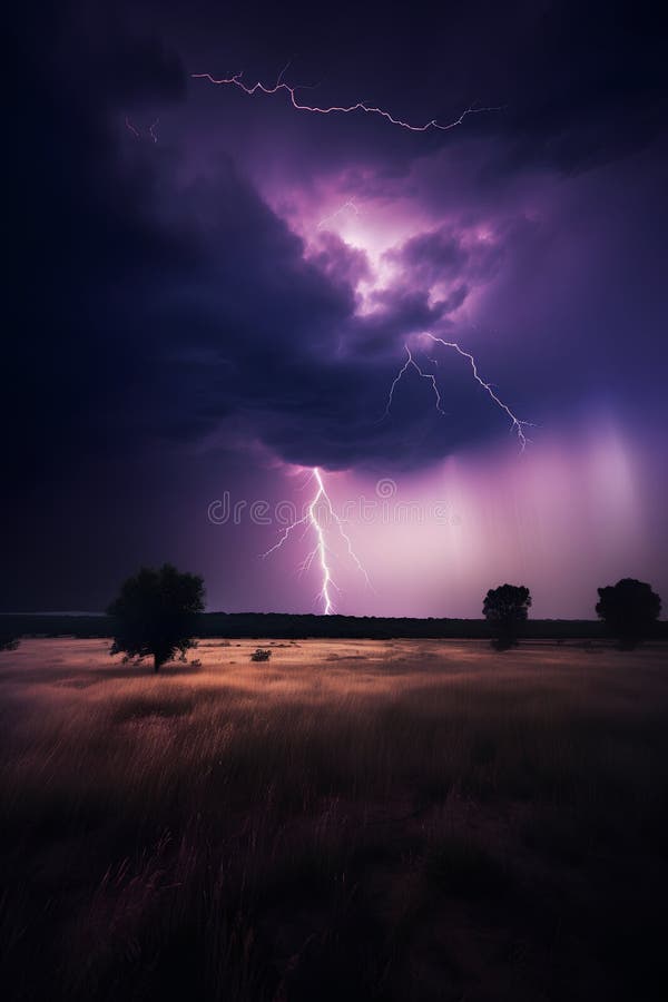 Thunderstorm Over a Field of Grass with a Tree in the Foreground Stock ...