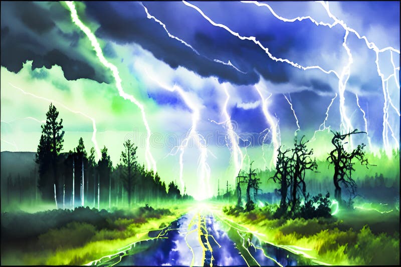Thunderstorm Over the Forest at Night. Colorful Illustration Stock ...