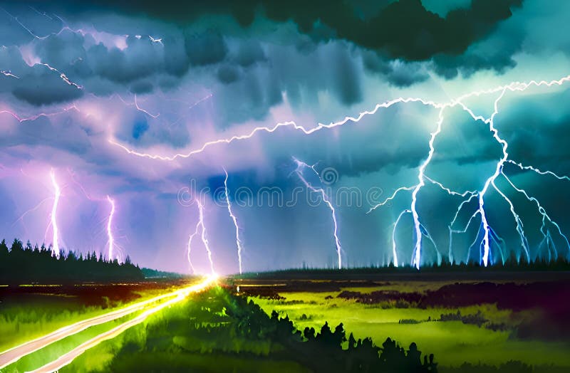 Thunderstorm Over the Forest at Night. Colorful Illustration Stock ...