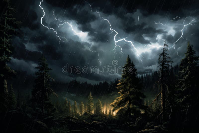 Thunderstorm Over Forest at Night Stock Illustration - Illustration of ...