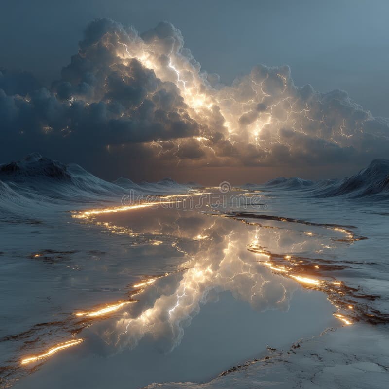 Thunderstorm Over Icy Landscape with Glowing Lightning Reflection Stock ...