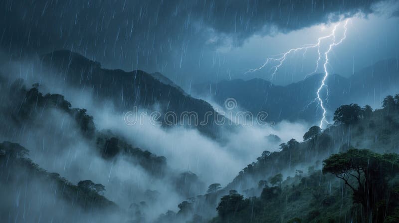 Thunderstorm Over Mountainous Landscape with Dense Forest and Dramatic ...