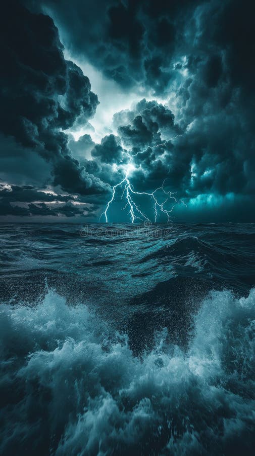 Thunderstorm Over Ocean with Dramatic Lightning in Turbulent Waves ...