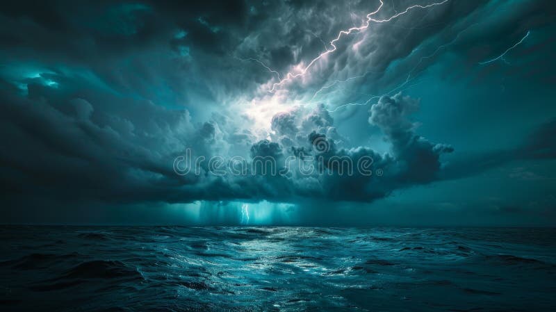 Thunderstorm Over the Ocean a Dramatic Thunderstorm Rages Over a Dark ...