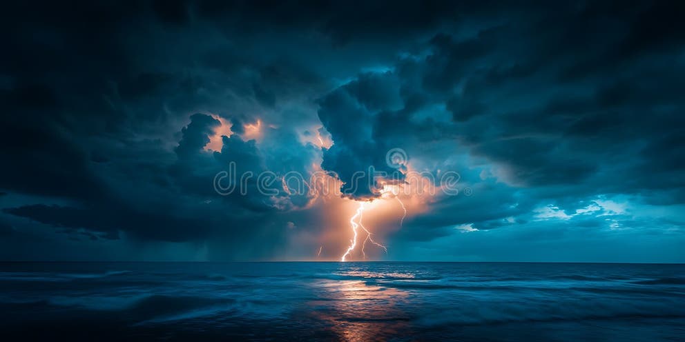 Thunderstorm Over the Ocean with Massive Waves and Lightning Stock Illustration - Illustration ...