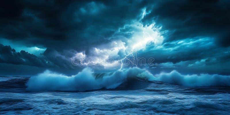 Thunderstorm Over the Ocean with Massive Waves and Lightning Stock ...