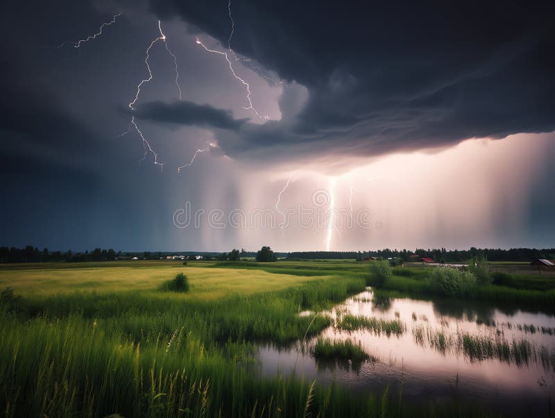 Thunderstorm Over the Rice Field in the Evening. Nature Composition ...
