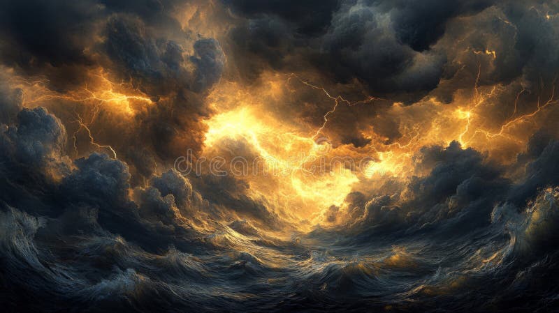 Thunderstorm Over a Rough Sea with Lightning Bolts Stock Illustration ...