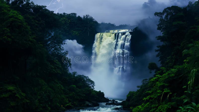 Thunderstorm Over a Waterfall in a Lush Rainforest Stock Image - Image ...