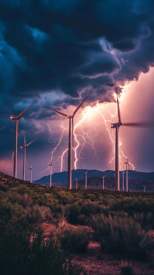 Thunderstorm Over Wind Farm with Striking Lightning Capturing Dramatic ...
