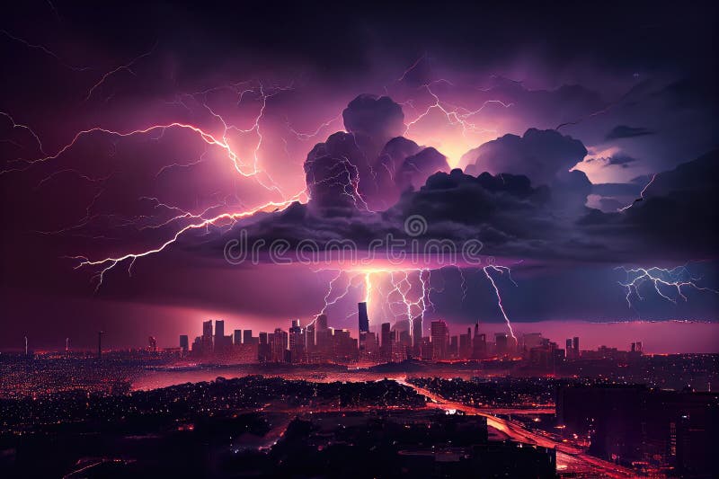Thunderstorm Rolling Over Cityscape, with Lightning Striking Every Few ...