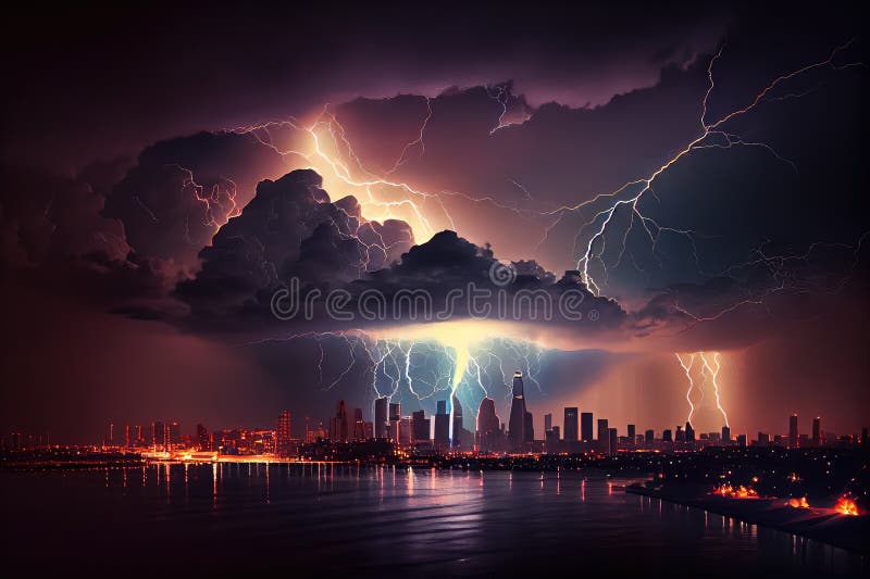 Thunderstorm Rolling Over Cityscape, with Lightning Striking Every Few ...