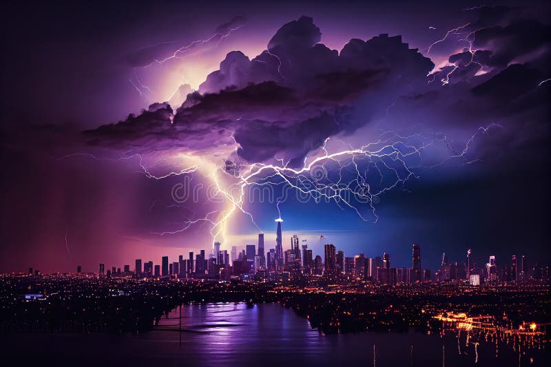 Thunderstorm Rolling Over Cityscape, with Lightning Striking Every Few ...